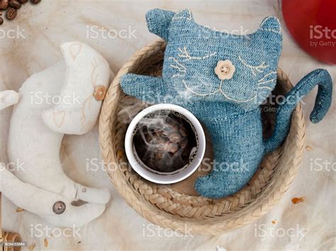 커피 컵와 귀여운 고양이 괜 찮 아 요 고양이의 뜨거운 커피 커피 배경 평면도 복사본 공간 배경 커피 흰색 컵 커피 컵에 콩 0명에 대한 스톡 사진 및 기타 이미지 Istock