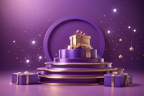 제품 프레젠테이션을 위한 포디움의 3d 렌더링 개념 상업 디자인을 위한 보라색 배경에 반 ⁇ 이는 별과 반 ⁇ 이는 반지를 가진 포디움 프리미엄 Ai 생성 이미지