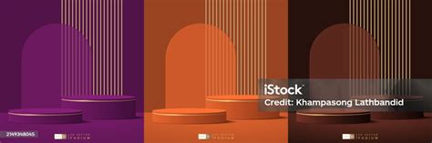 호화로운 자주색 주황색 및 갈색 3d 실린더 연단의 세트는 황금 수직 모양 및 아치 유리 배경을 가진 제품 전시 발표를 위한 현실적 또는 받침대 쇼 제일 제품을 위한 3d