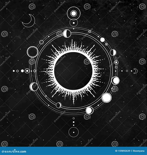 Mystical Drawing Stylized Solar System Moon Phases Orbits Of Planets Energy Circle Sacred