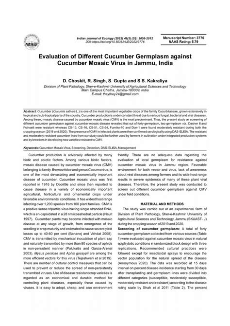 Pdf Evaluation Of Different Cucumber Germplasm Against Cucumber Mosaic Virus In Jammu