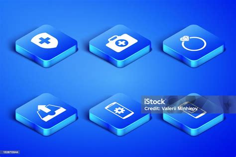 업로드 의료 방패 십자가 설정 스마트 폰 업로드 받은 편지함 응급 처치 키트와 다이아몬드 약혼 반지 아이콘으로 스마트 폰을