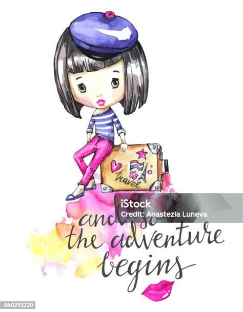 손으로 그린 그림입니다 여행 가방 수채화 카드 어린 소녀입니다 서 예 단어입니다 모험 휴가입니다 T셔츠 가방 포스터 초대장 카드 휴대 전화 케이스에 인쇄 될 수 있다