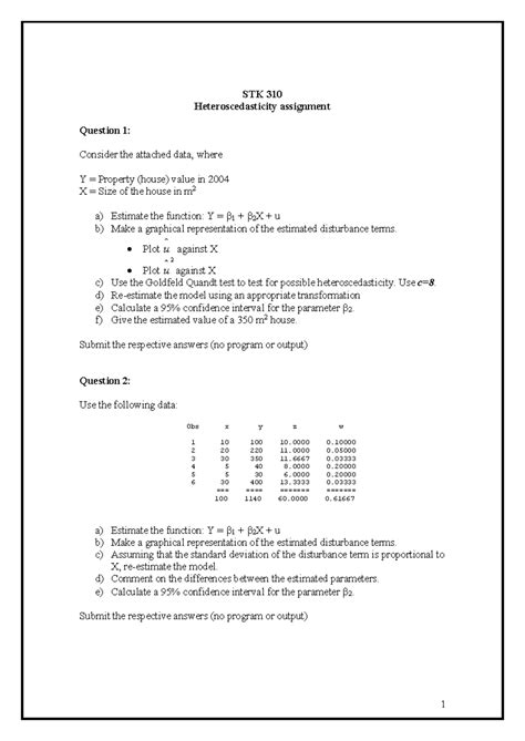 Heteroscedasticity Assignment 1 STK 310 Heteroscedasticity Assignment Question 1 Consider The