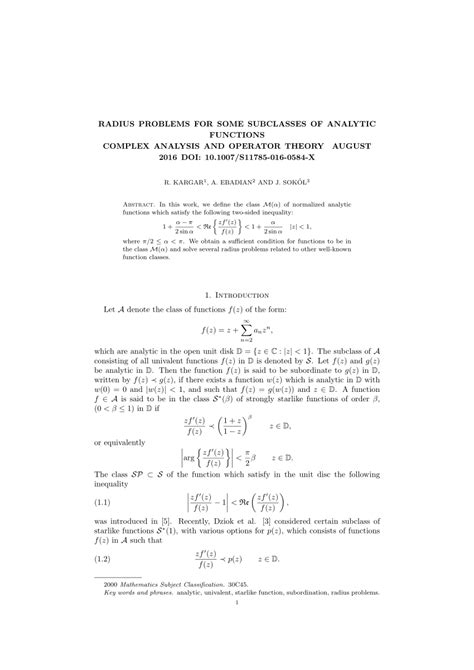 Pdf Radius Problems For Some Subclasses Of Analytic Functions