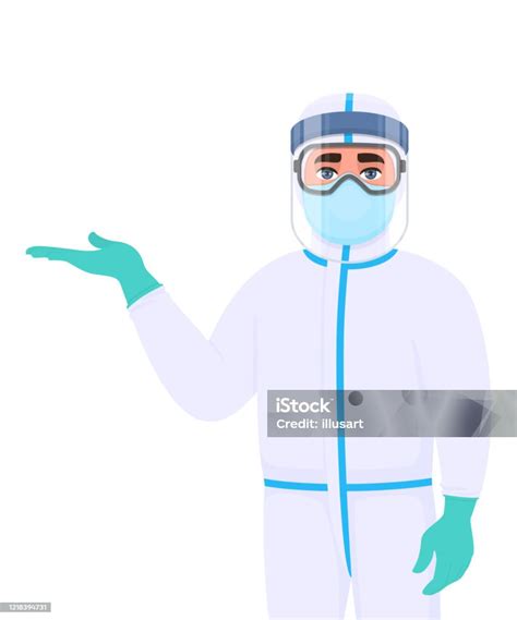 보호 복을 입은 의사가 손을 제시하여 공간을 복사합니다 얼굴 방패 라텍스 장갑과 포인팅 제스처와 Ppe를 착용 의료진 마스크