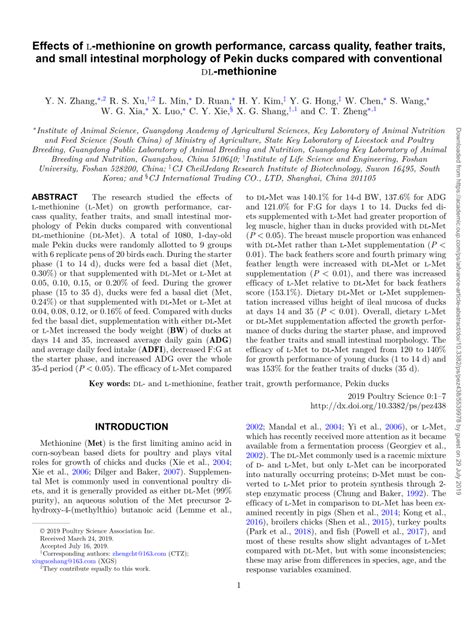 Pdf Effects Of L Methionine On Growth Performance Carcass Quality Feather Traits And Small