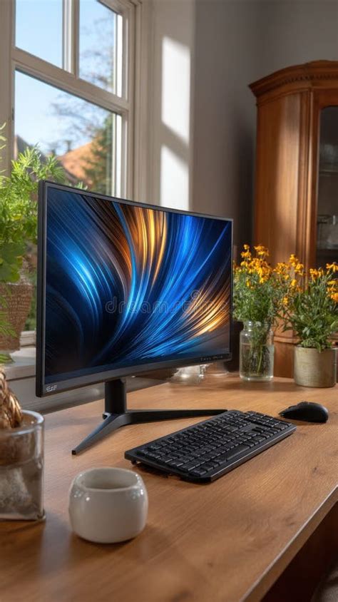 Desktop Computer Workspace With Keyboard Monitor And Mouse On Wooden Desk Near A Window And