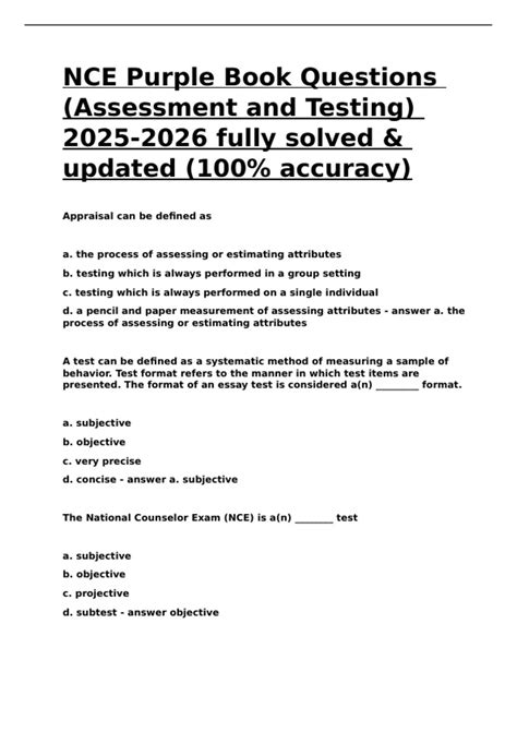 Nce Purple Book Questions Assessment And Testing Fully Solved And Updated 100 Accuracy Nce