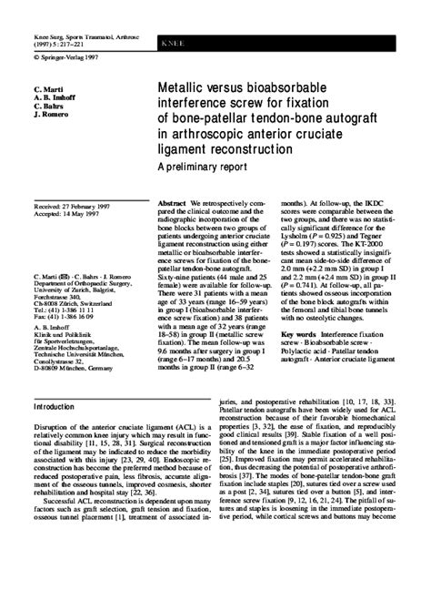 Pdf Metallic Versus Bioabsorbable Interference Screw For Fixation Of Bone Patellar Tendon Bone
