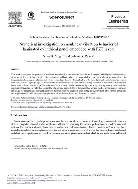 Pdf Numerical Investigation On Nonlinear Vibration Behavior Of Laminated Cylindrical Panel