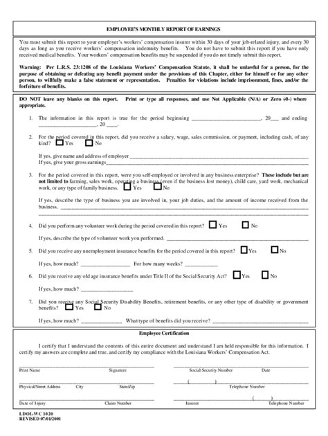 Fillable Online Employees Monthly Report Of Earnings Form Ldol Wc 1020 Fax Email Print