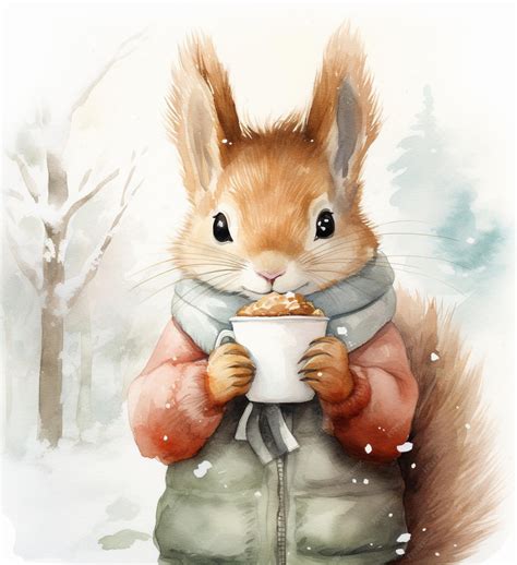 Premium Ai Image A Watercolor Squirrel Drinking Coffee And Holding A Pom In The Style Of