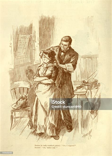 빈티지 일러스트레이션 싸움 후 여자에게 붕대를 감고 있는 의사 캣파이트 빅토리아 시대 만화 유머 1890년대 19세기 부상에 대한 스톡 벡터 아트 및 기타 이미지 Istock