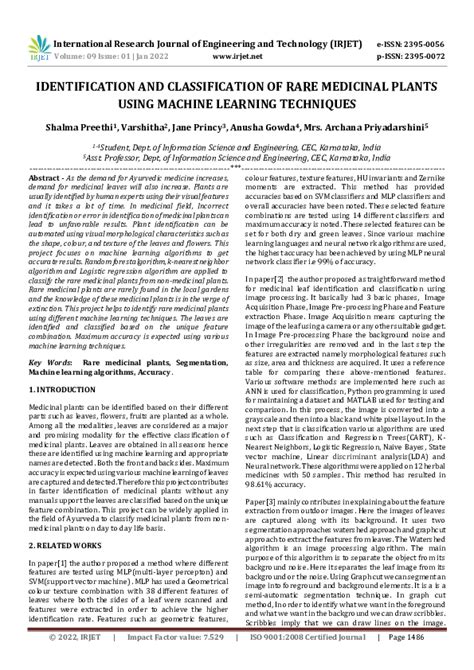 Pdf Identification And Classification Of Rare Medicinal Plants Using Machine Learning Techniques