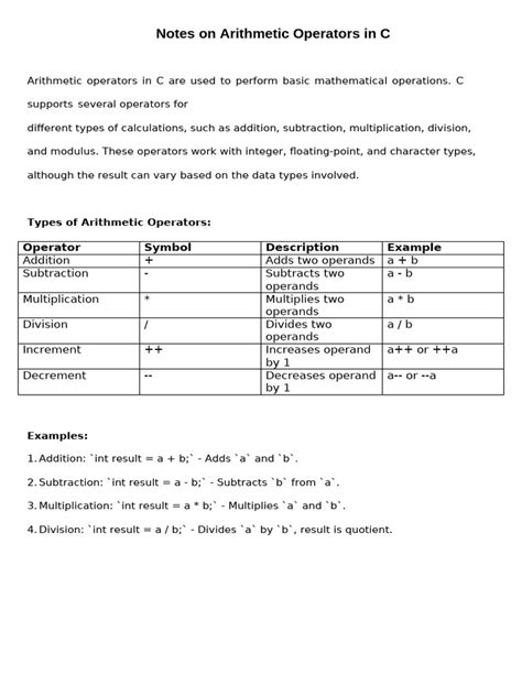 arithmetic operators in c pdf
