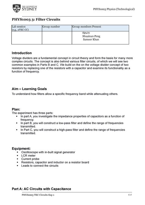 Lab Not Over Week 4 Lab Cc Phys1003 3 Filter Circuits Lab Session