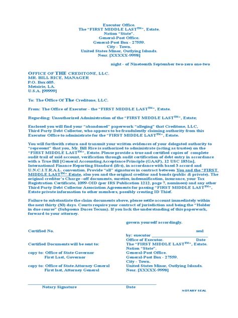 basic sample executor estate ltr2creditors 10 2017 notary public
