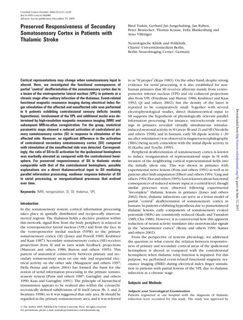 Pdf Preserved Responsiveness Of Secondary Somatosensory Cortex In Patients With Thalamic Stroke