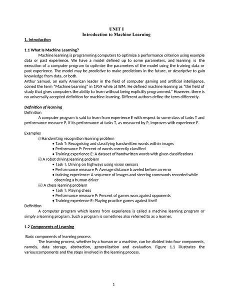 Machine Learning UNIT Notes Introduction UNIT I Introduction To Machine Learning What