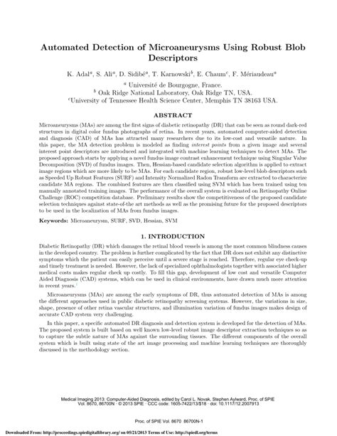 Pdf Automated Detection Of Microaneurysm Using Robust Blob Descriptors