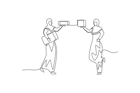 Single One Line Drawing Muslim Women Holding Gift Boxes And Giving