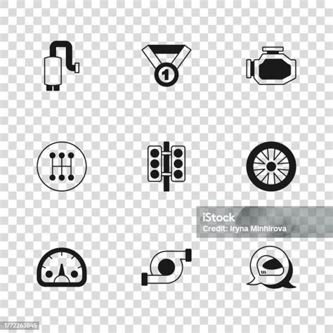 자동차 터보차저 자동차 알로이 휠 레이싱 헬멧 신호등 엔진 확인 자동차 머플러 메달 및 기어 시프터 아이콘을 설정합니다 벡터 1