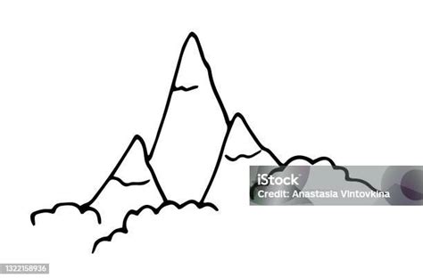 흰색 배경에 검은 색 선이 있는 상단에 얼음이 그려진 벡터 절연 다각형 산 꼭대기 디자인 템플릿을위한 산 봉우리 바닥 보기 간단한 낙서 스타일 드로잉 개념에 대한 스톡 벡터