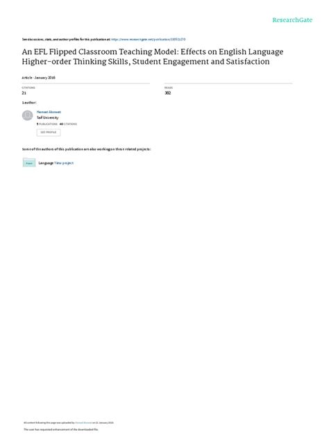 An Efl Flipped Classroom Teaching Model Effects On English Language Higher Order Thinking