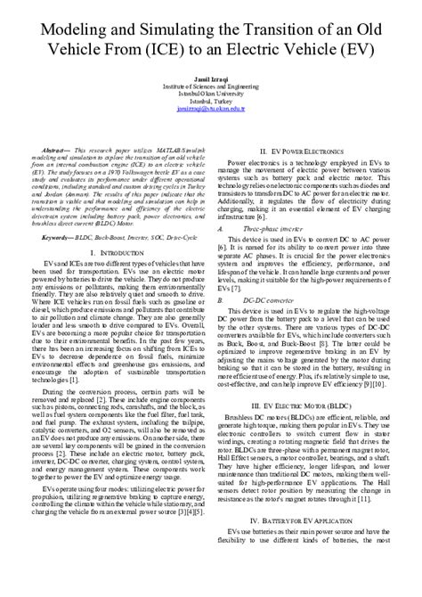 Pdf Modeling And Simulating The Transition Of An Old Vehicle From Ice To An Electric Vehicle Ev
