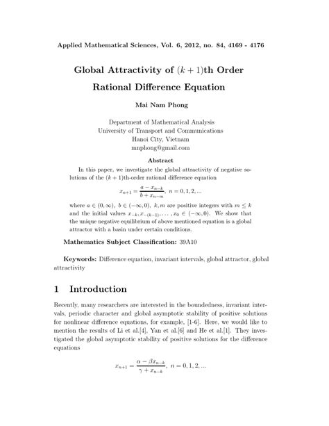 Pdf Global Attractivity Of K1th Order Rational Difference Equation