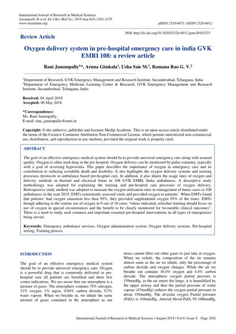 Pdf Oxygen Delivery System In Pre Hospital Emergency Care In India Gvk Emri 108 A Review Article