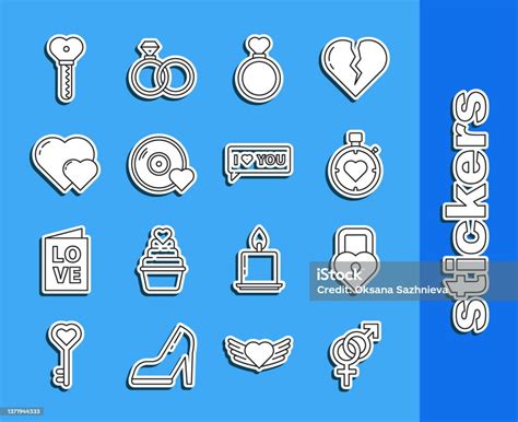 세트 라인 성별 마음의 모양의 성 심장 센터 스톱워치 결혼 반지 낭만적 인 음악 키와 음성 거품 나는 아이콘을 사랑해요 벡터 0명에 대한 스톡 벡터 아트 및 기타 이미지
