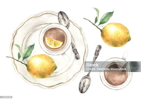 수채화 구도 평면도 접시 차가 담긴 머그잔 레몬 숟가락 그림은 고립된 배경에 손으로 그린 것입니다 메뉴 디자인 포장 포스터 웹