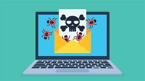 랩톱 화면에 열려 있는 이메일 봉투의 그래픽입니다 봉투에서 두개골 바이러스 문서와 컴퓨터 웜이 나옵니다 바이러스가 포함된 전자 메일의 그림입니다 평면 디자인 스타일의 벡터