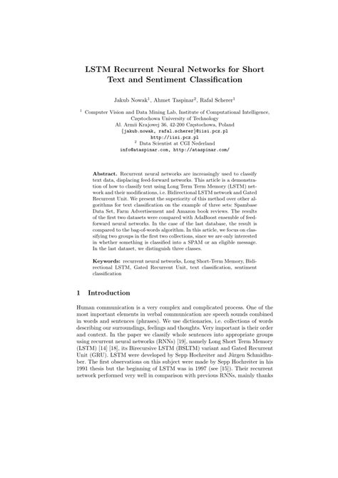 Pdf Lstm Recurrent Neural Networks For Short Text And Sentiment Classification