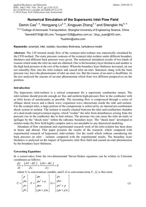 Numerical Simulation Of The Supersonic Inlet Flow Field Scientificnet
