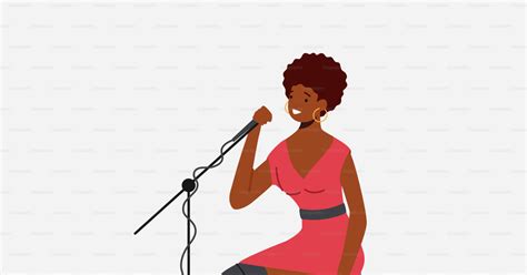 재즈 밴드나 음악 공연에서 마이크를 들고 무대에 앉아 있는 아프리카 여성 보컬리스트 여성 캐릭터는 재미있고 가수 레크리에이션