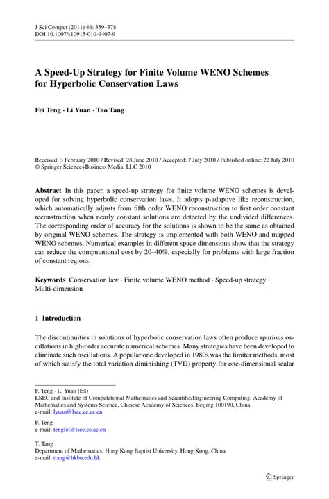 Pdf A Speed Up Strategy For Finite Volume Weno Schemes For Hyperbolic