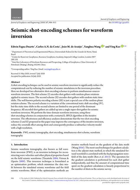 Pdf Seismic Shot Encoding Schemes For Waveform Inversion