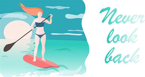 여성 여름 방학 개념 서핑에 소녀 태양 바다 플랫 스타일의 벡터입니다 위대한 동기 부여 문구 결코 뒤를 돌아보지 마십시오 포스터에 적합합니다 개념에 대한 스톡 벡터 아트 및