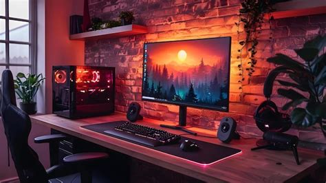Premium Photo Minimalistic Gaming Setup With Vibrant LED Lighting And Sleek Tech Accessories