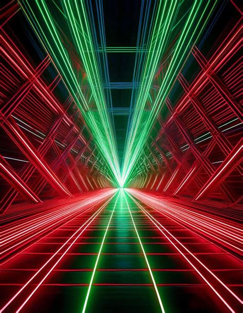 Complex Lattice Of Laser Beams Intersecting Over A Dark Stage Deep Red And Green Colors
