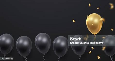 사실적인 검은색 금색 풍선과 리본이 있는 배너 구불구불한 모양 카드 파티 디자인 전단지 포스터 장식 배너 웹 광고에 대 한 벡터