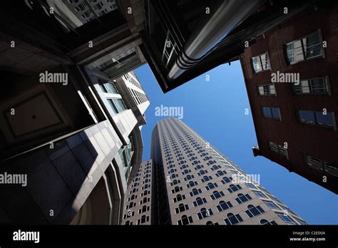 Angular Geometric View Of The Sky Seen Between High Rise Office Buildings In Downtown Boston
