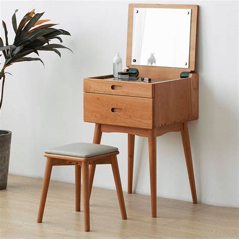 2 Drawers Natural Makeup Vanity Desk Table With Makeup Table And Stool Makeup Vanity And Stools
