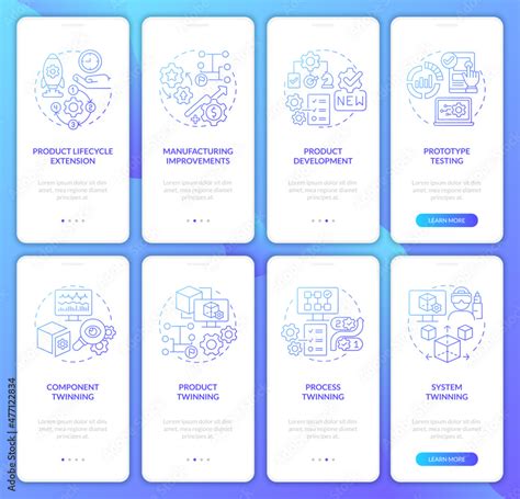 Digital Twin Technology Blue Gradient Onboarding Mobile App Screen Set Walkthrough 4 Steps