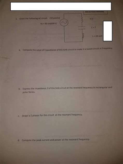 Solved Given The Following AC Circuit A Compute The Value Chegg