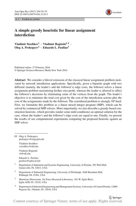 A Simple Greedy Heuristic For Linear Assignment Interdiction Request Pdf