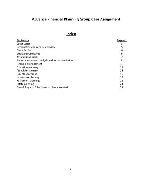 Adv Financial Plannig Advance Financial Planning Group Case Assignment Index Cover Letter